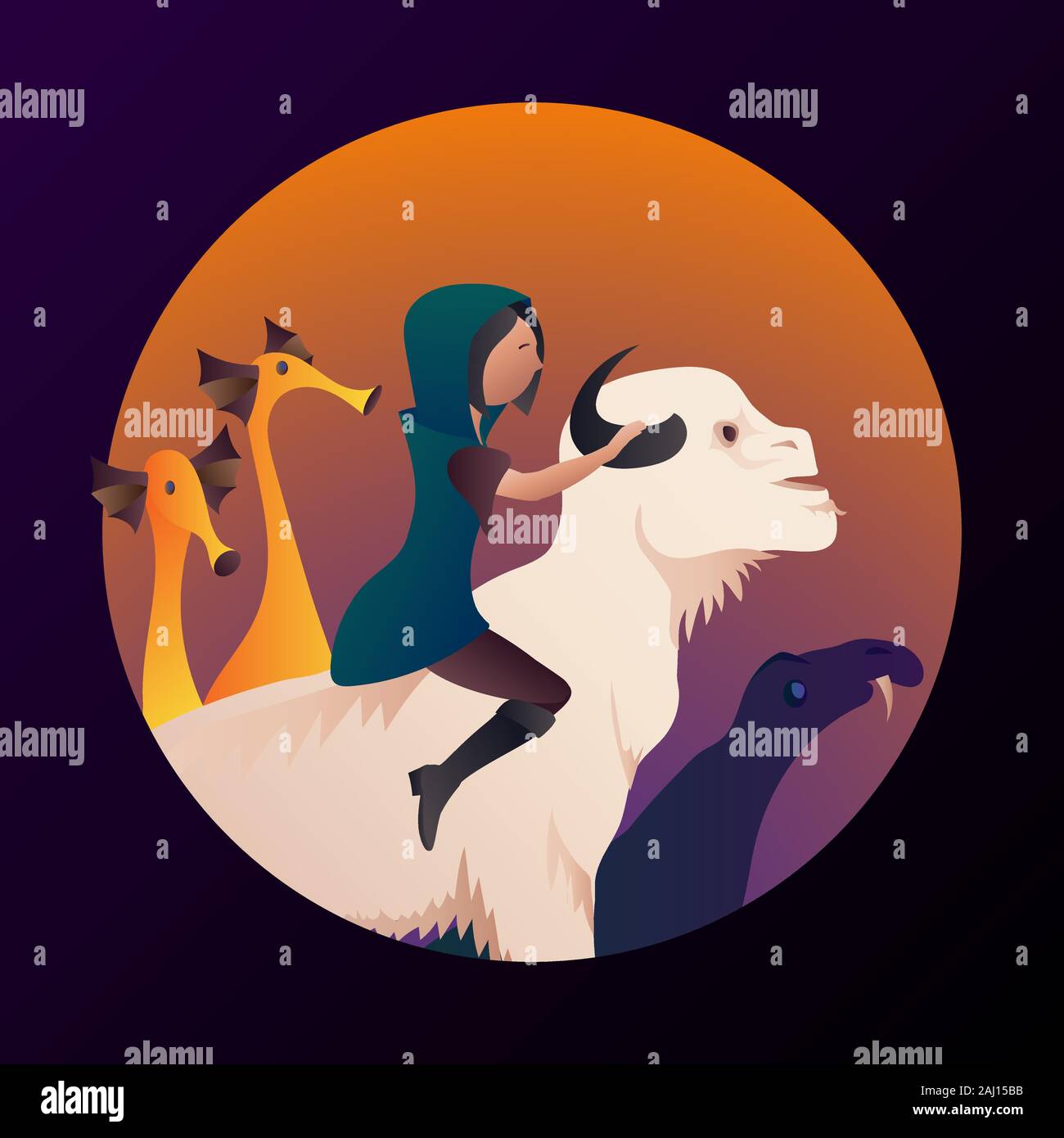 Female character riding fantasy creature, leading the group of cute ...