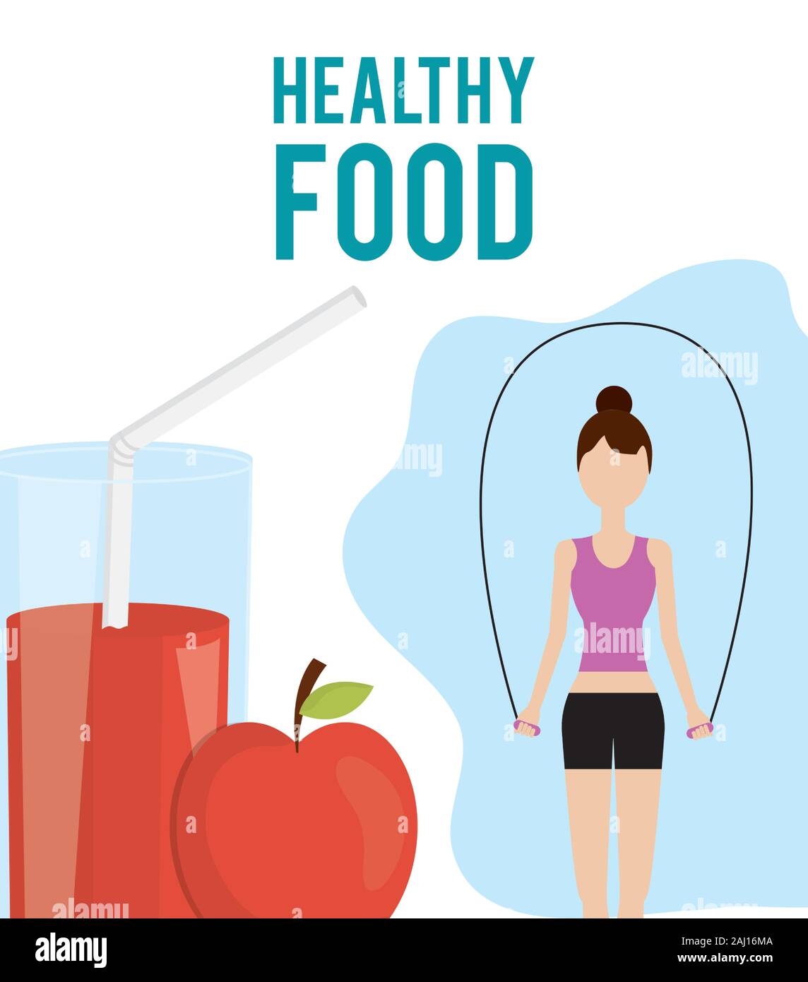 woman with jumping rope and juice apple healthy food vector ...