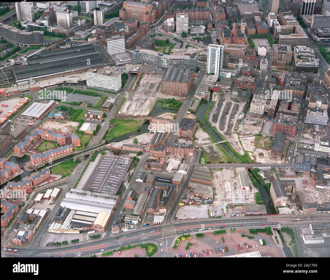 An aerial view of Picadilly Basin, Manchester city centre in 1993 ...