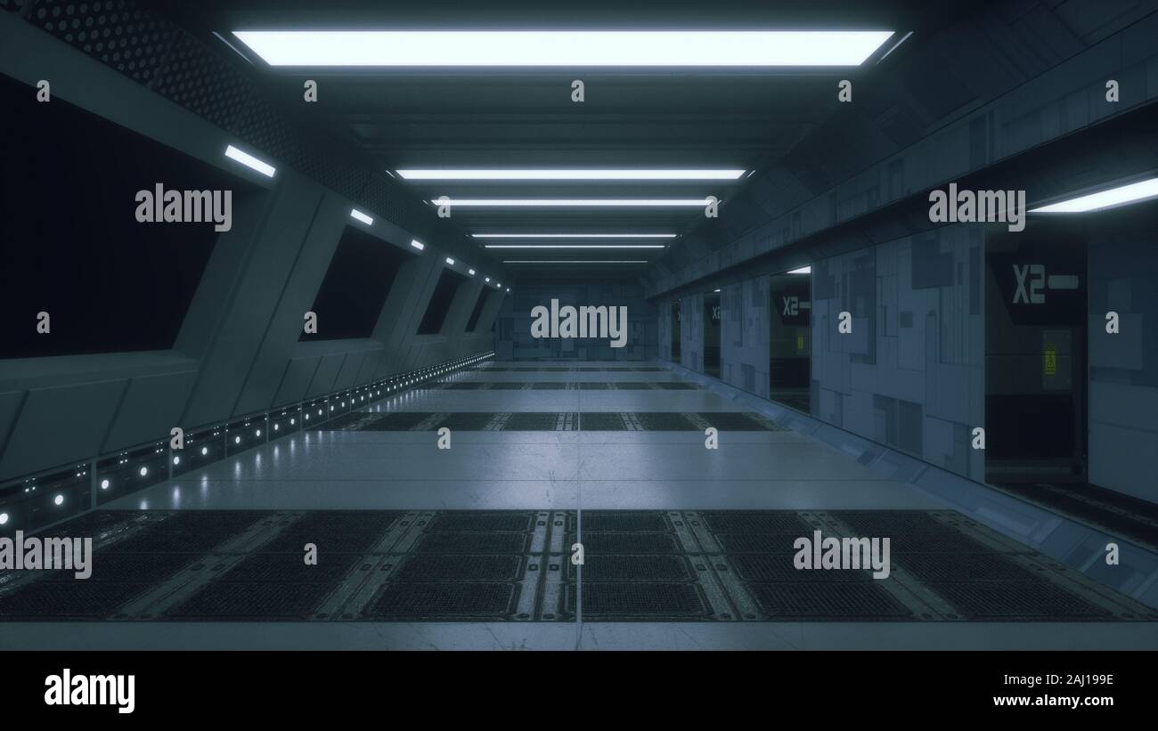 3d render. Futuristic spaceship scifi corridor architecture Stock Photo - Alamy