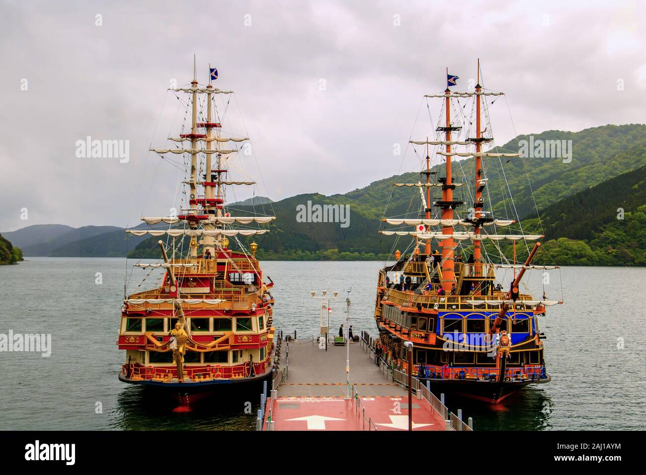 Two historical pirate ships at a quay on Lake Ashi, Hakone, Japan. The ...