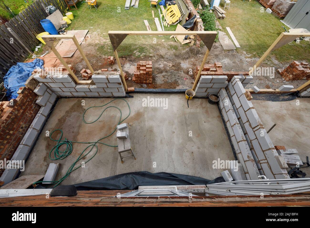 Overhead view of a partially built rear extension project at a house in ...