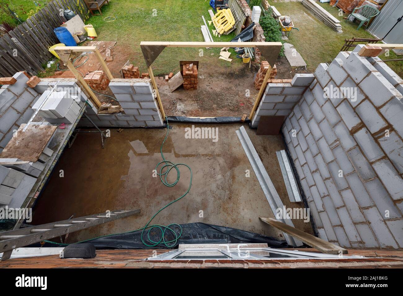 Overhead view of a partially built rear extension project at a house in ...
