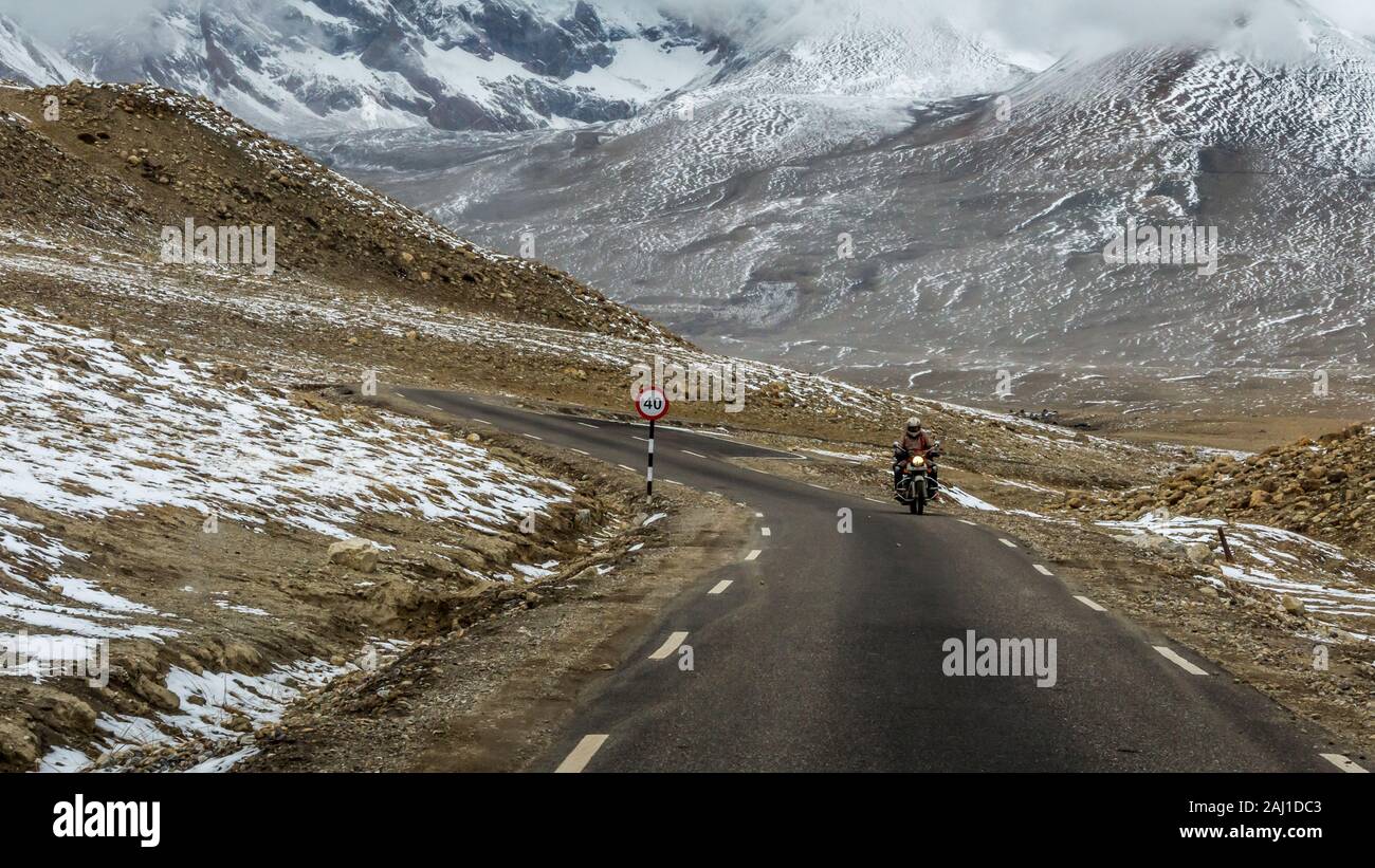 Lachen, Sikkim, India - 30 April, 2018: A motor bike travelling through ...