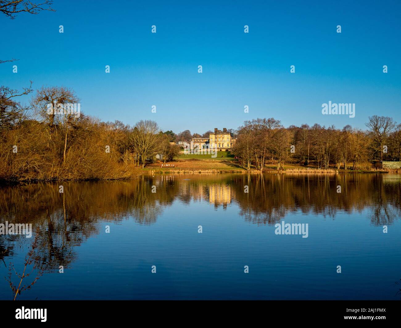 Bretton Hall with reflection in Lower Lake, Yorkshire Sculpture Park ...