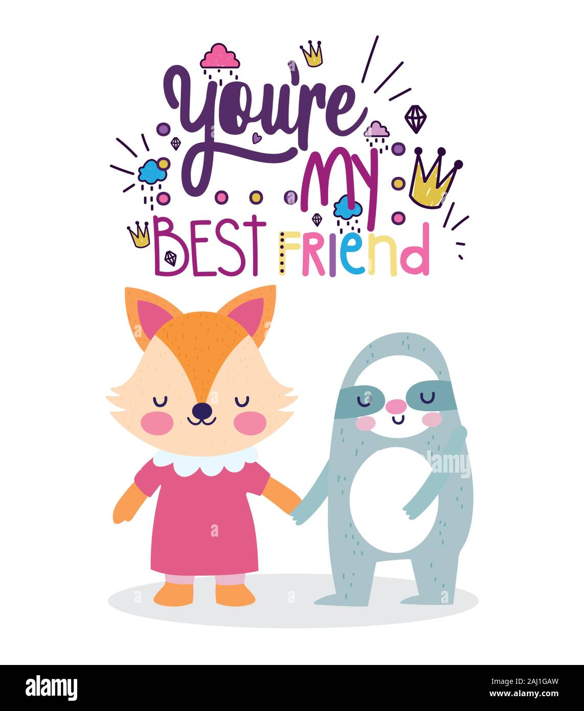 best friends card cute fox and sloth cartoon holding hands vector ...