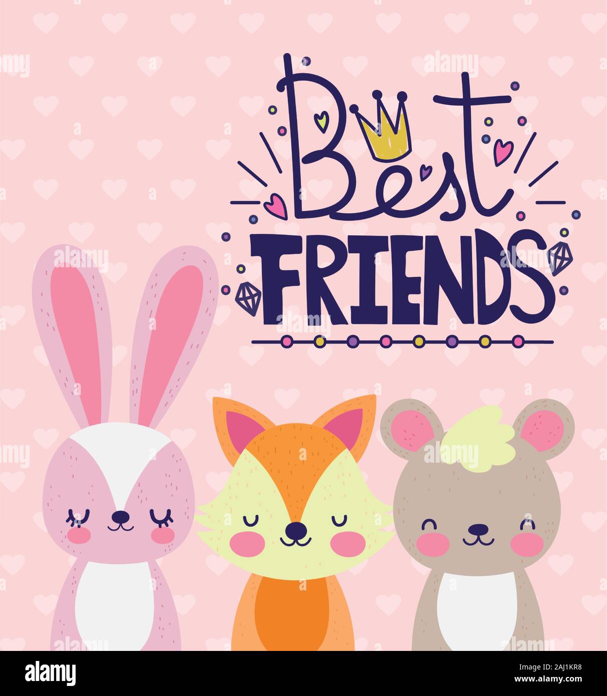 cute animals fox rabbit bear best friends card hearts background vector ...