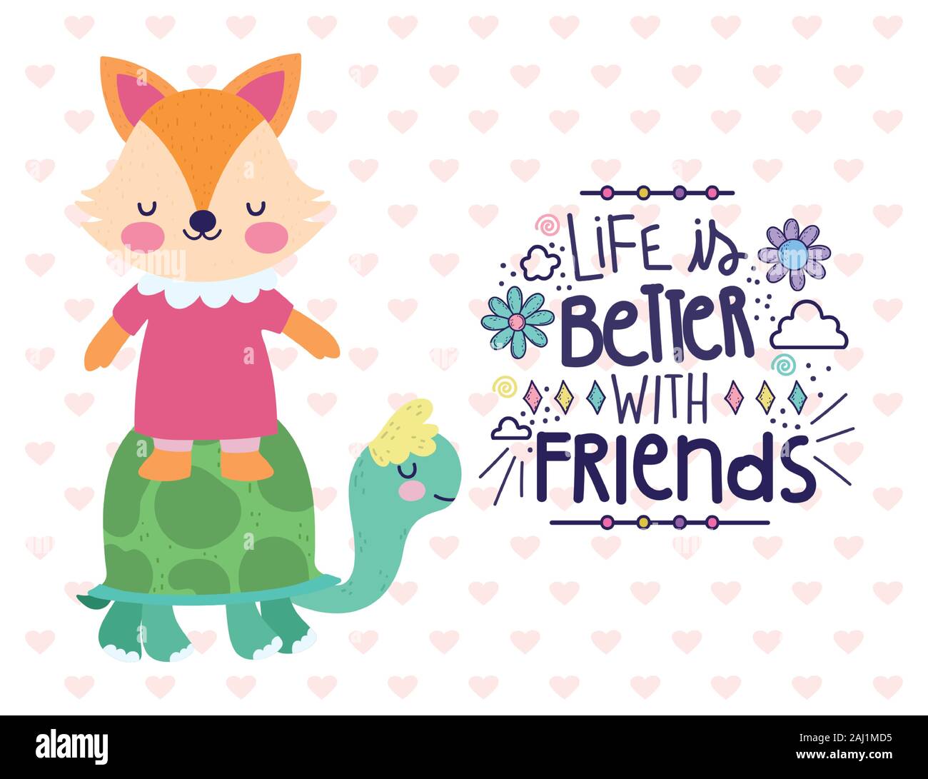 best friends cute fox on turtle cartoon card vector illustration Stock ...