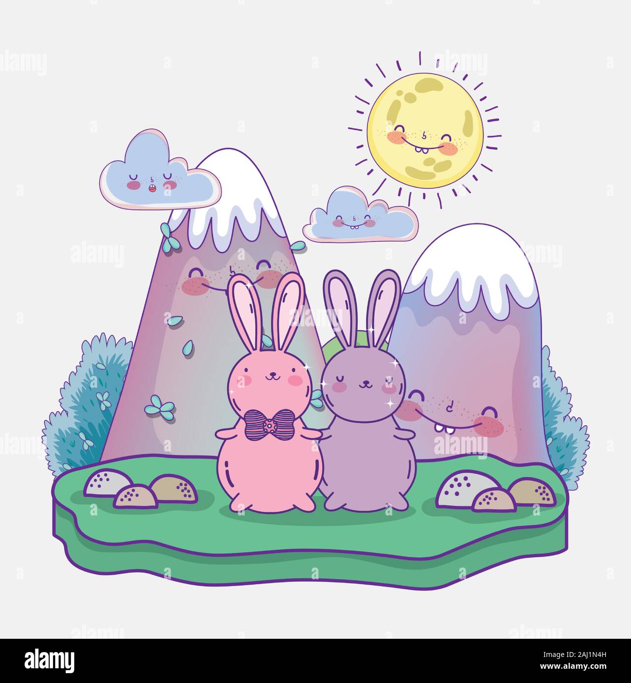 cute rabbits cartoon characters landscape mountains sunny day vector ...