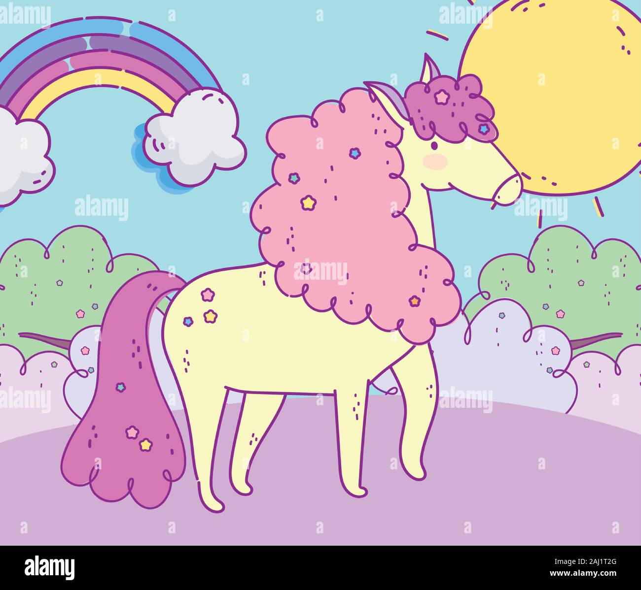 cute unicorn rainbow landscape sun fantasy magic cartoon vector ...