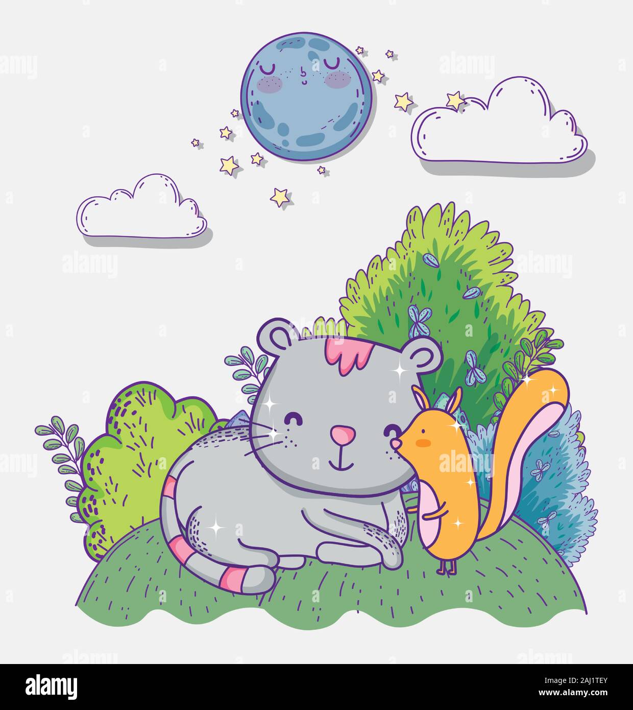 cute cat and squirrel cartoon in the grass with bushes sky moon vector ...