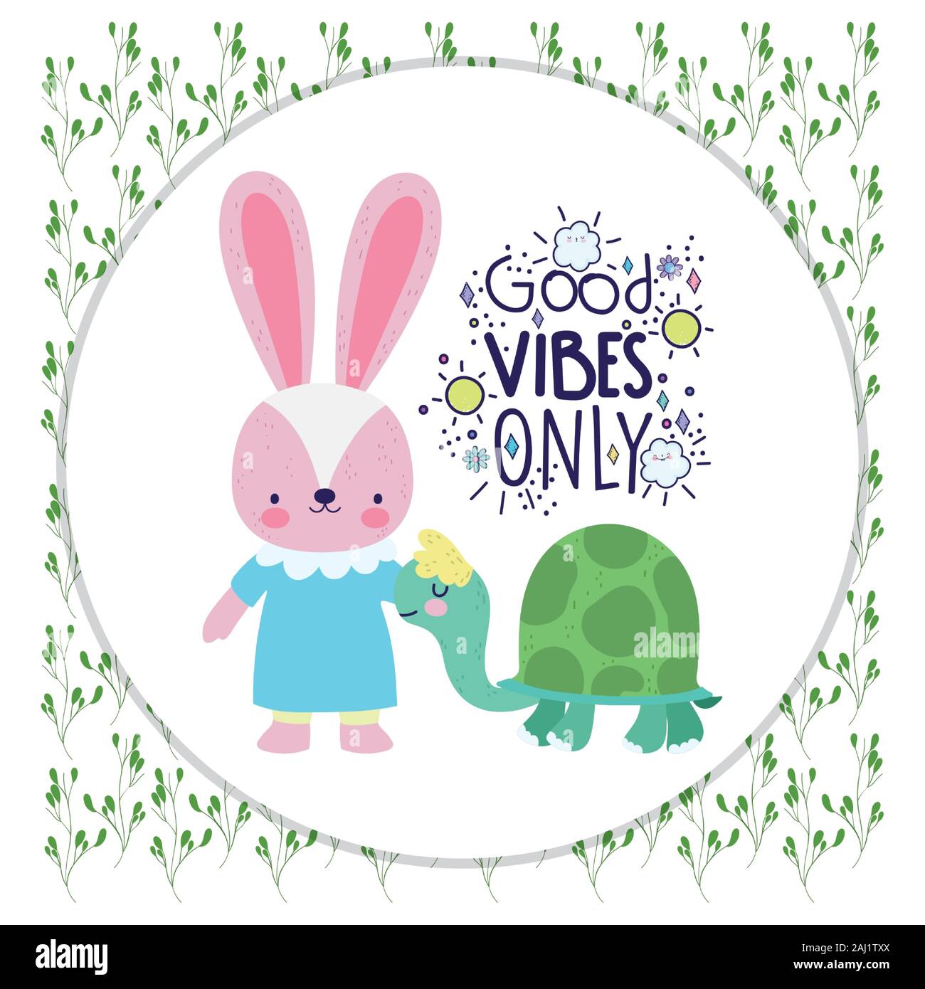 cute rabbit and turtle cartoon good vibes only card vector illustration ...