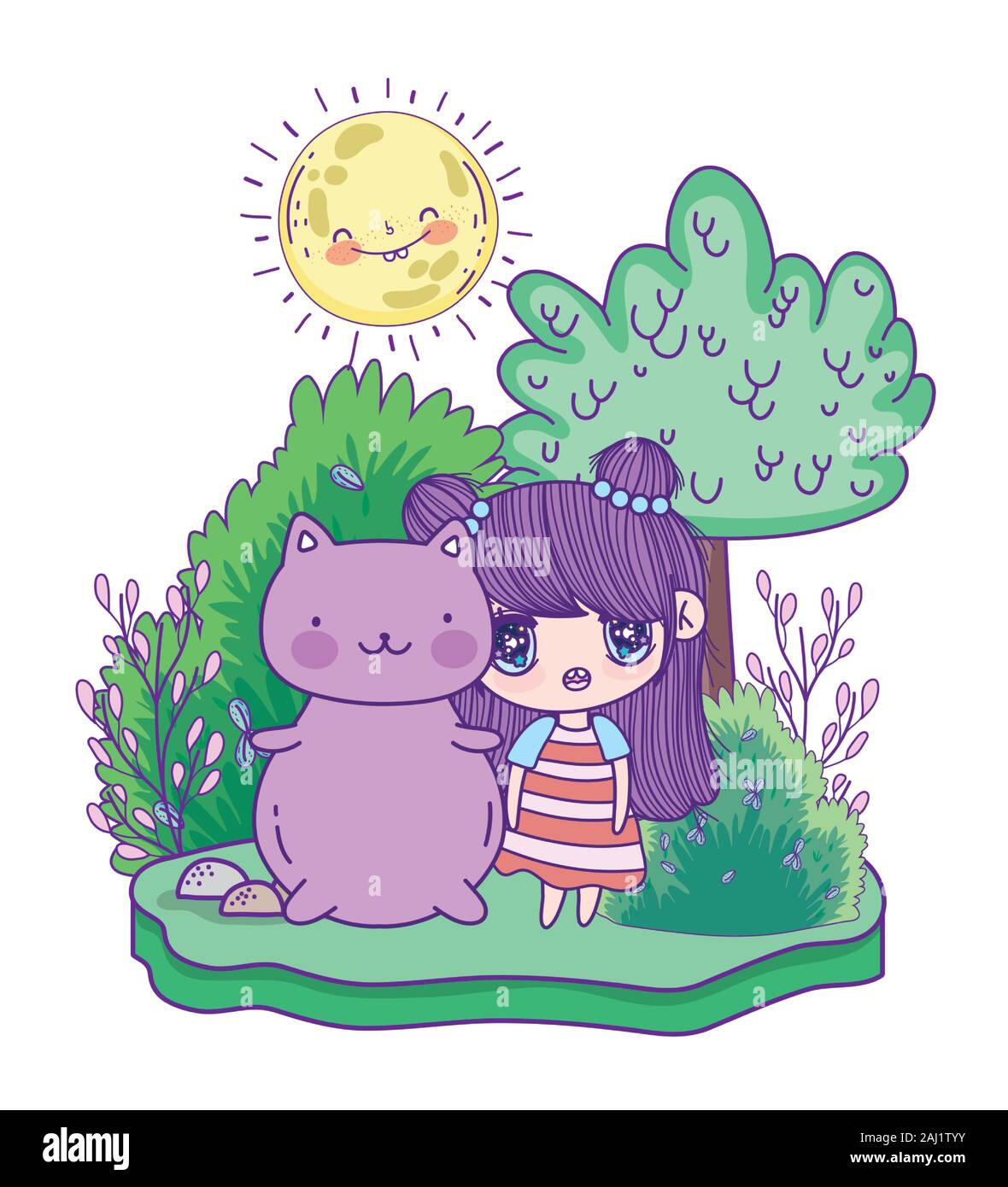 kids, cute little girl anime cartoon with cute cat tree sun grass ...