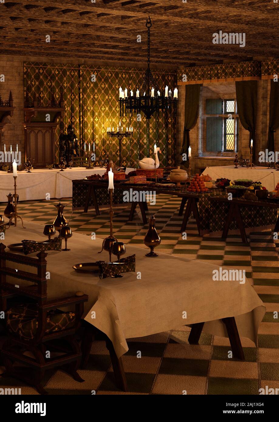 3D rendering of a medieval banquet hall interior Stock Photo - Alamy