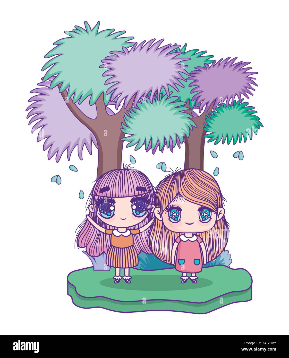 kids, cute little girls anime cartoon trees leaves foliage vector ...