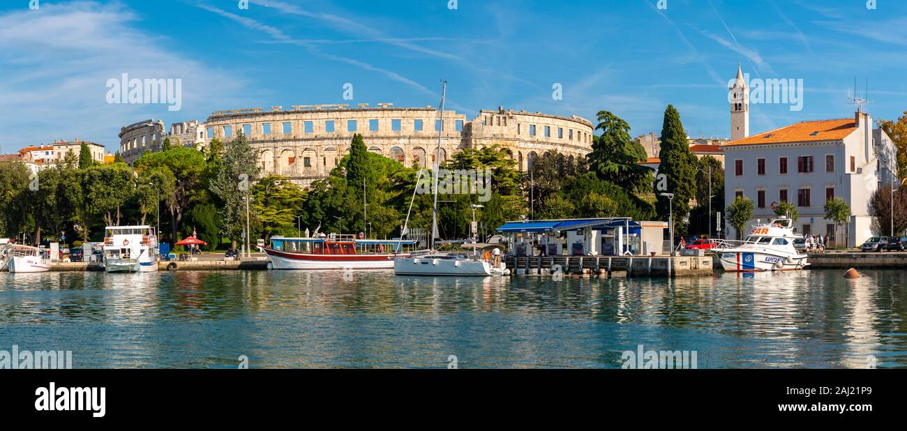View of Pula Marina and Roman Arena (Amphitheatre), Pula, Istria County ...