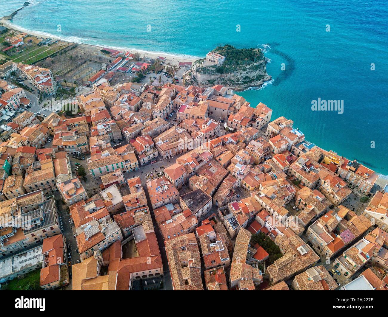 Aerial view of Tropea, house on the rock and Sanctuary of Santa Maria ...