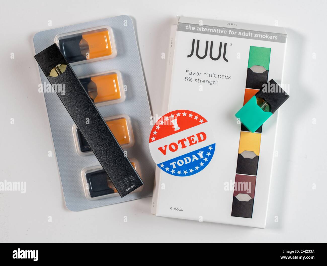 Morgantown, WV - 2 January 2020: Juul flavored nicotine vaping system ...