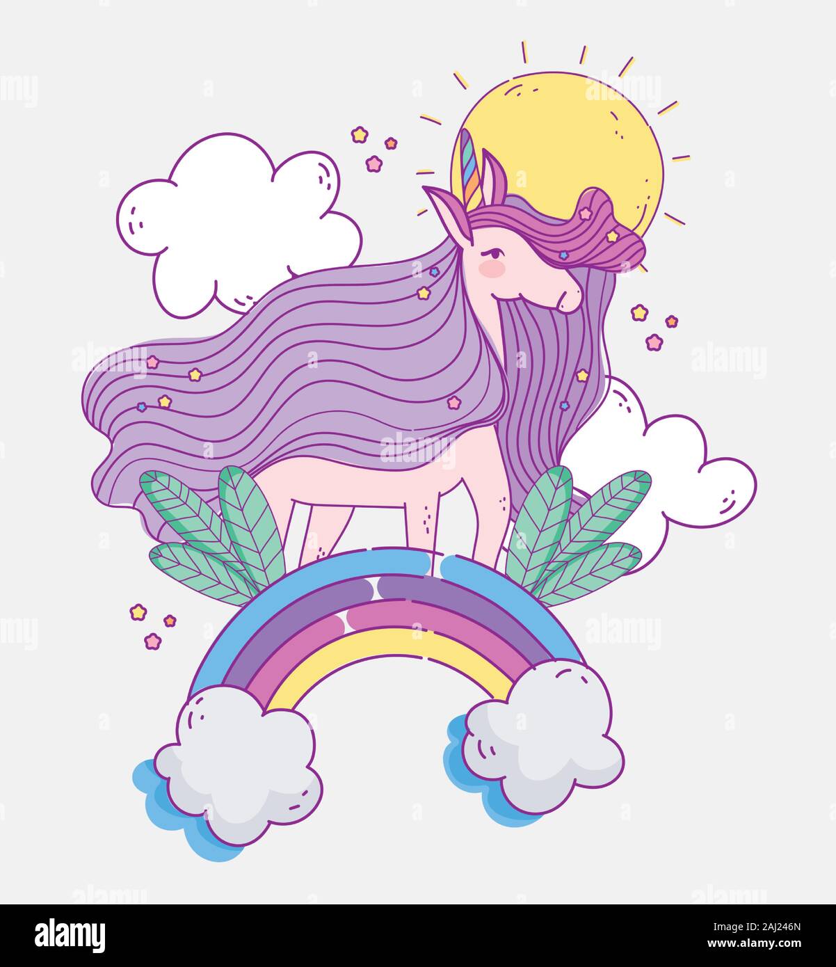 lovely unicorn on rainbow leaves clouds fantasy magic cartoon vector ...