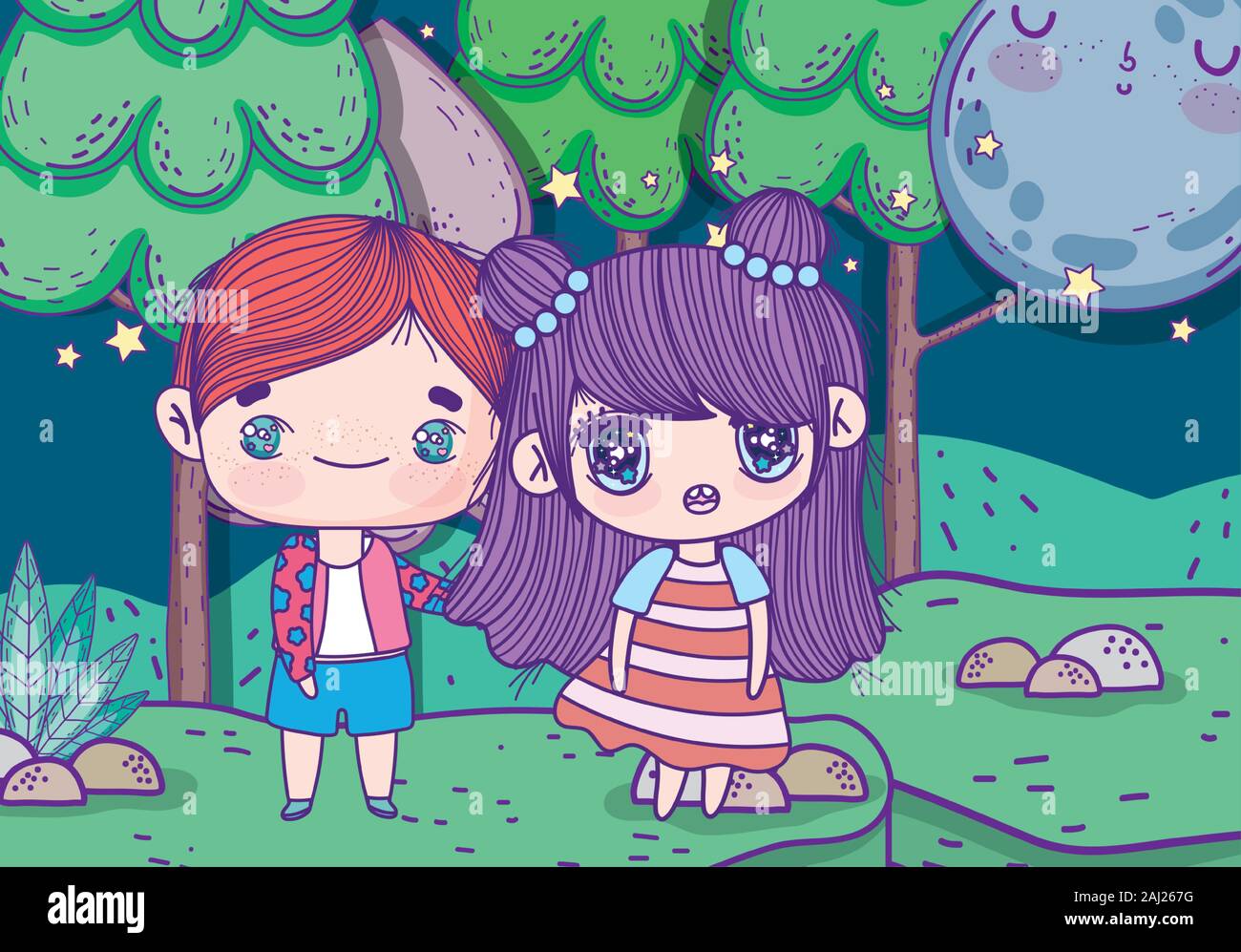 kids, cute little boy and girl anime cartoon together night outdoor ...