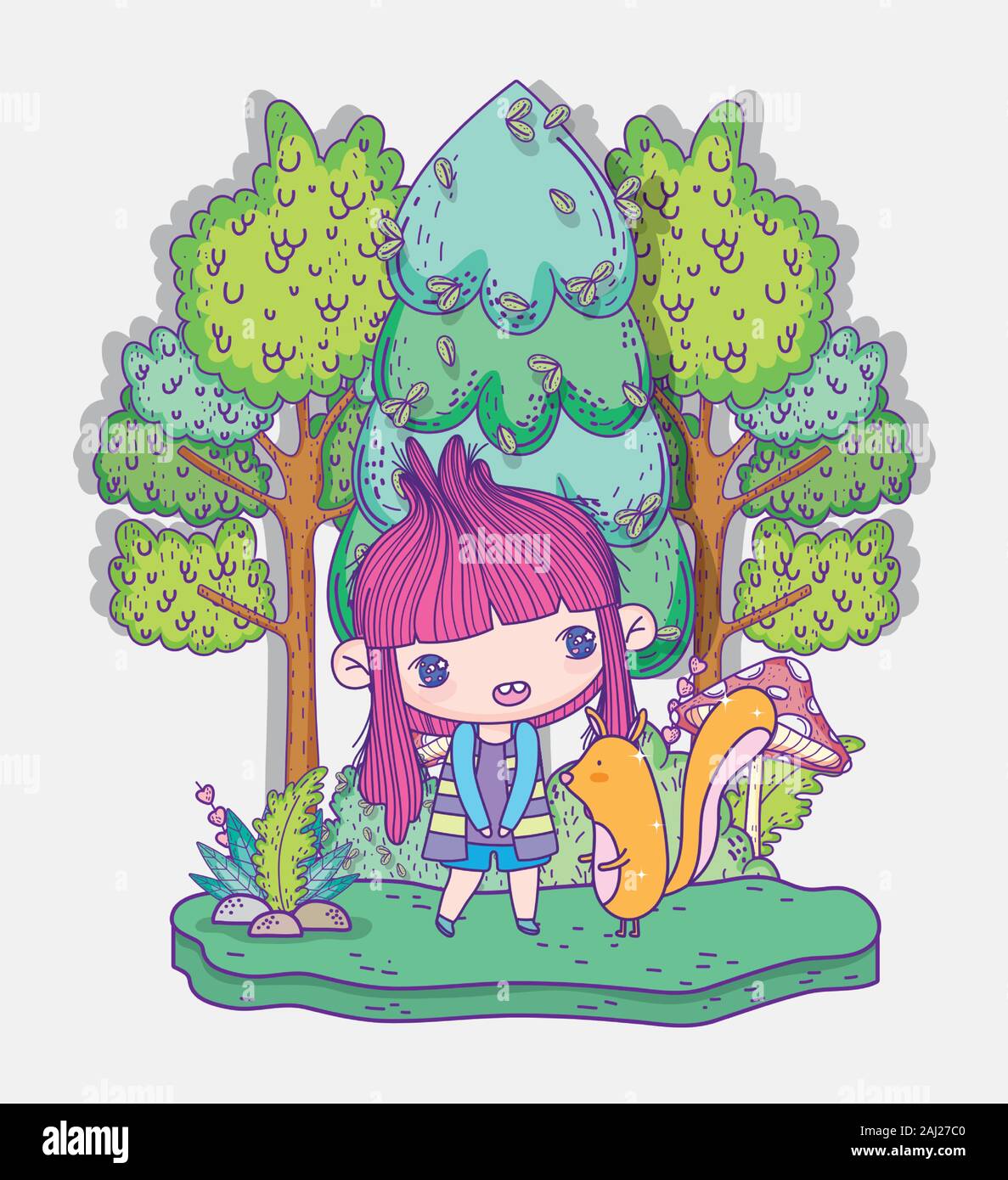 kids, cute little girl anime cartoon and squirrrel in the forest trees ...