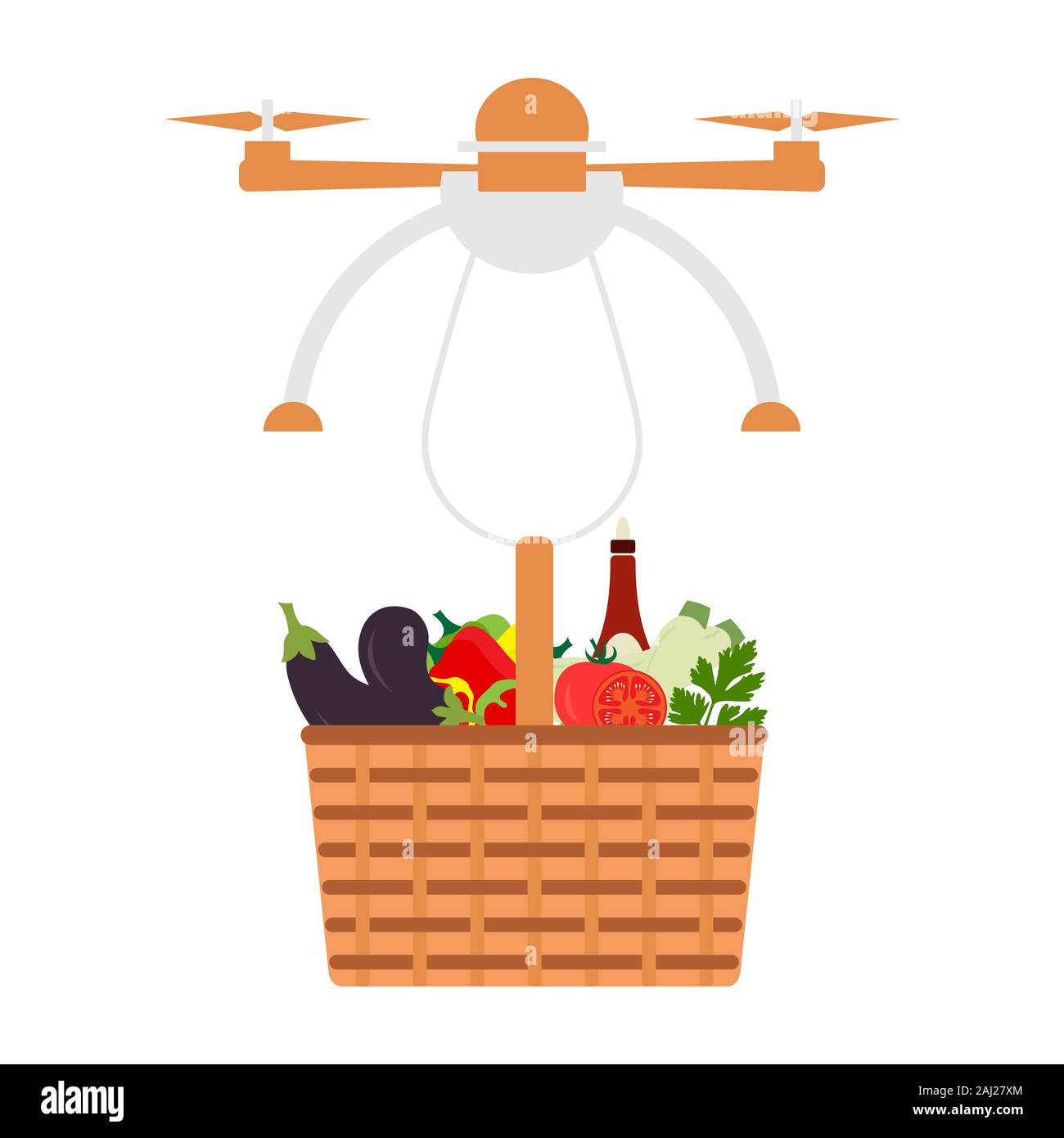 Vector illustration Drone flying through the air and carries food ...