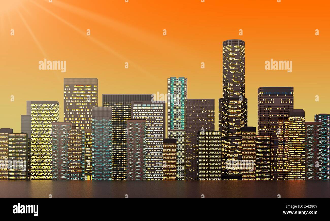 panorama of colored skyscrapers at night. 3d rendering Stock Photo - Alamy
