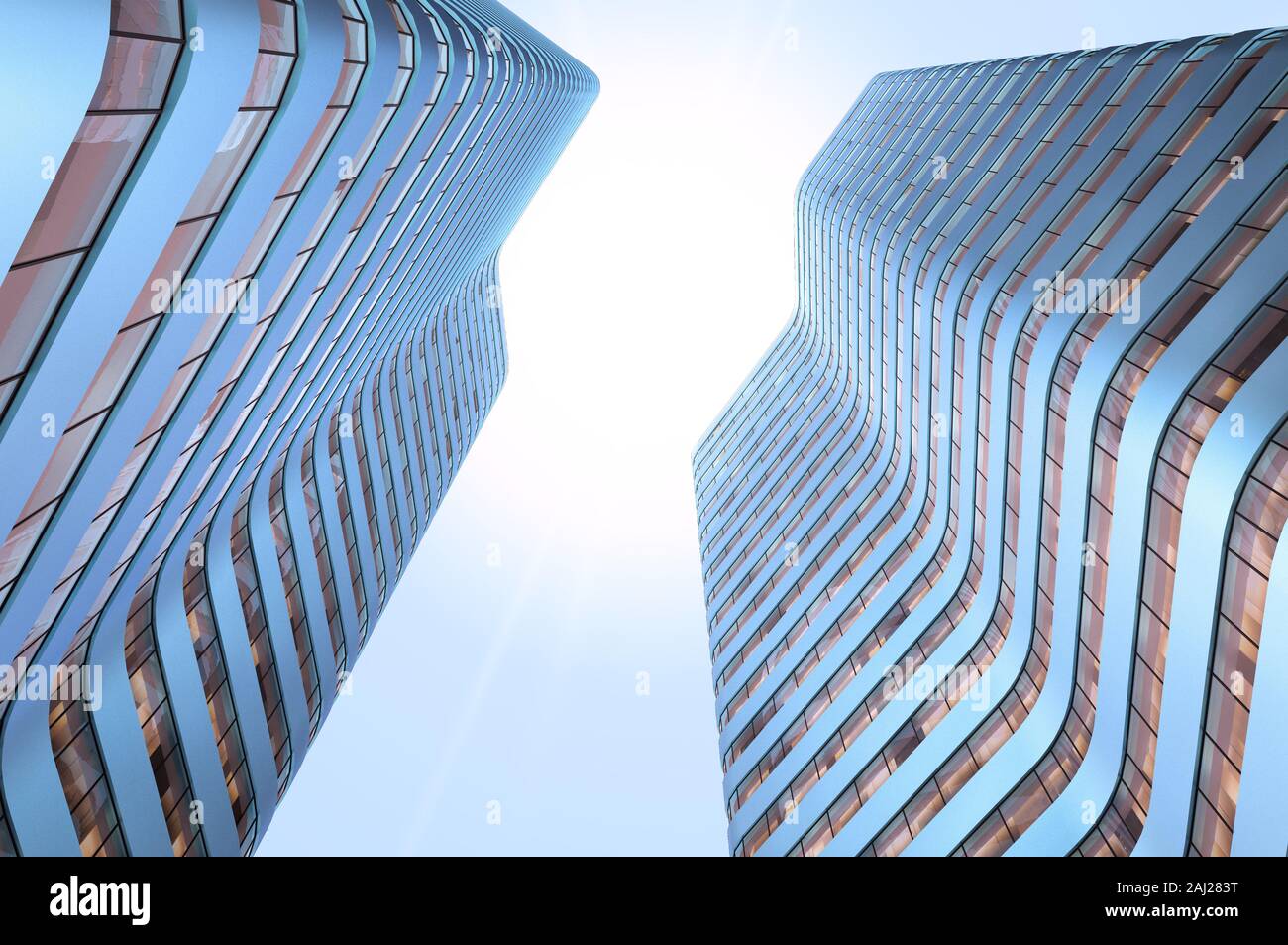 two identical skyscrapers in blue tint bottom view. 3d rendering Stock ...