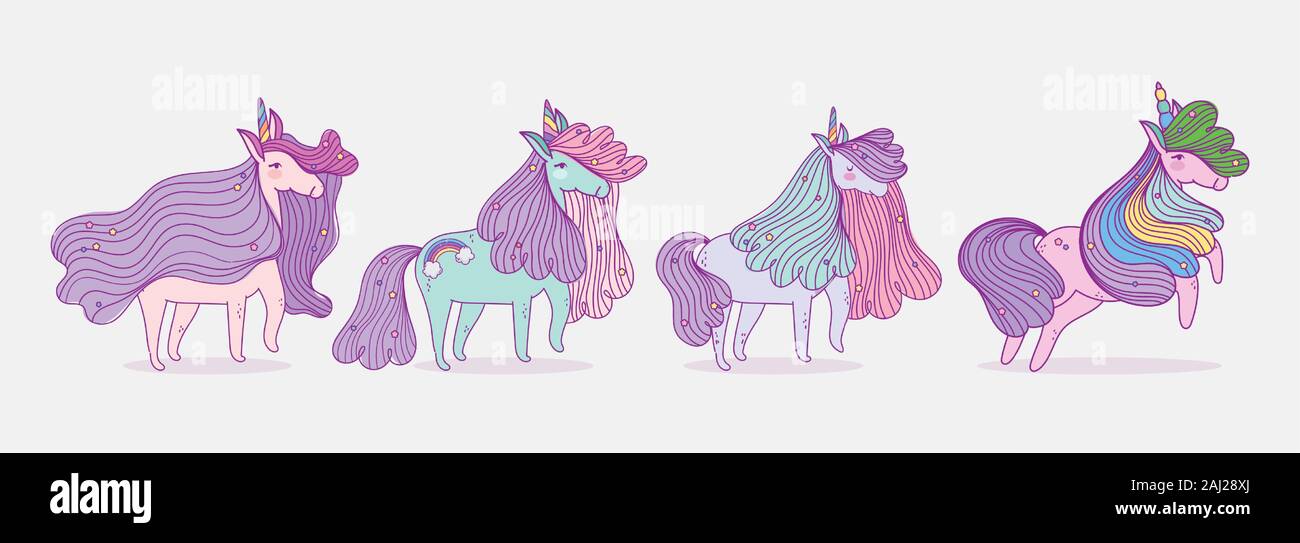 set of cute unicorns fantasy magic cartoon vector illustration Stock ...
