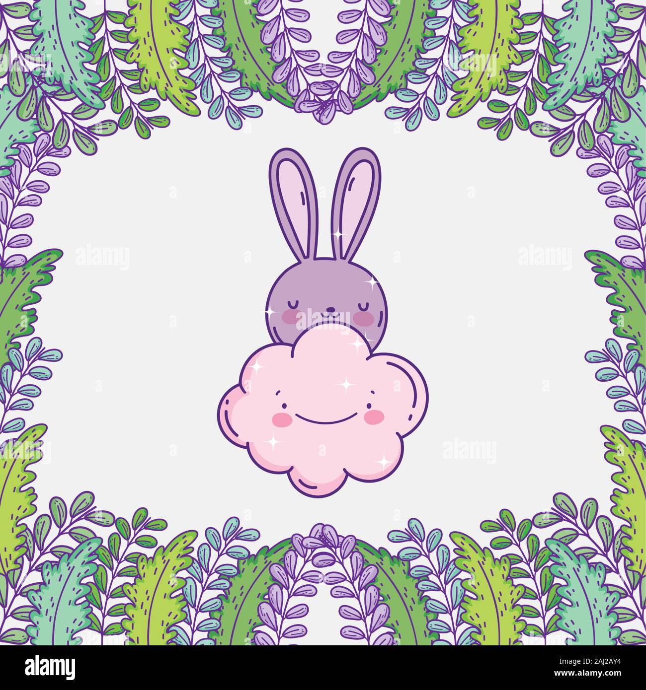 cute rabbit cartoon animal cloud foliage decoration vector illustration ...