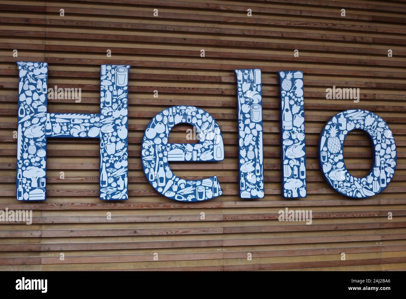 Hello signage at entrance to Tesco Extra supermarket, Pitsea, Essex, UK ...