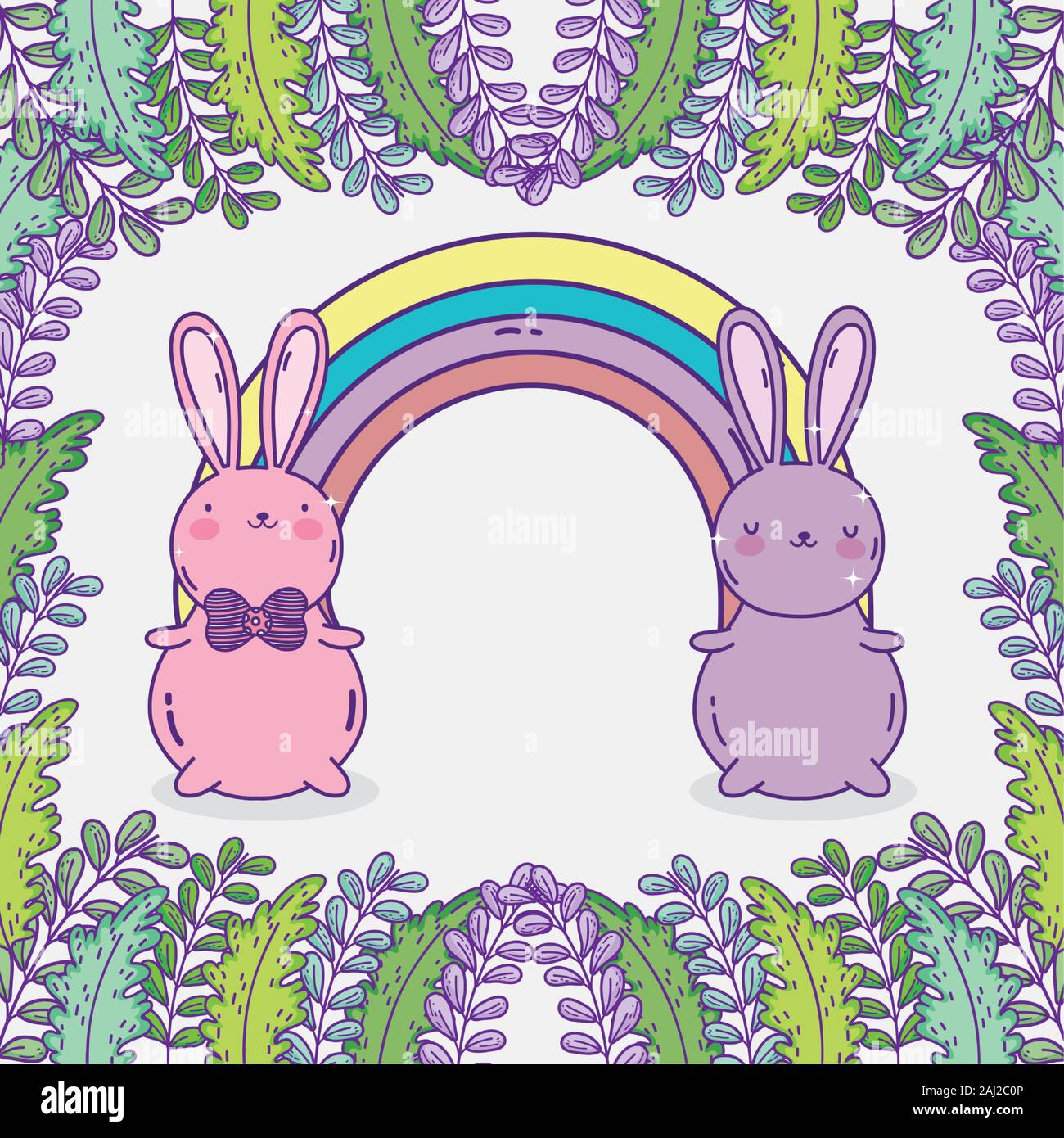 cute rabbits cartoon animals rainbow and foliage decoration vector ...