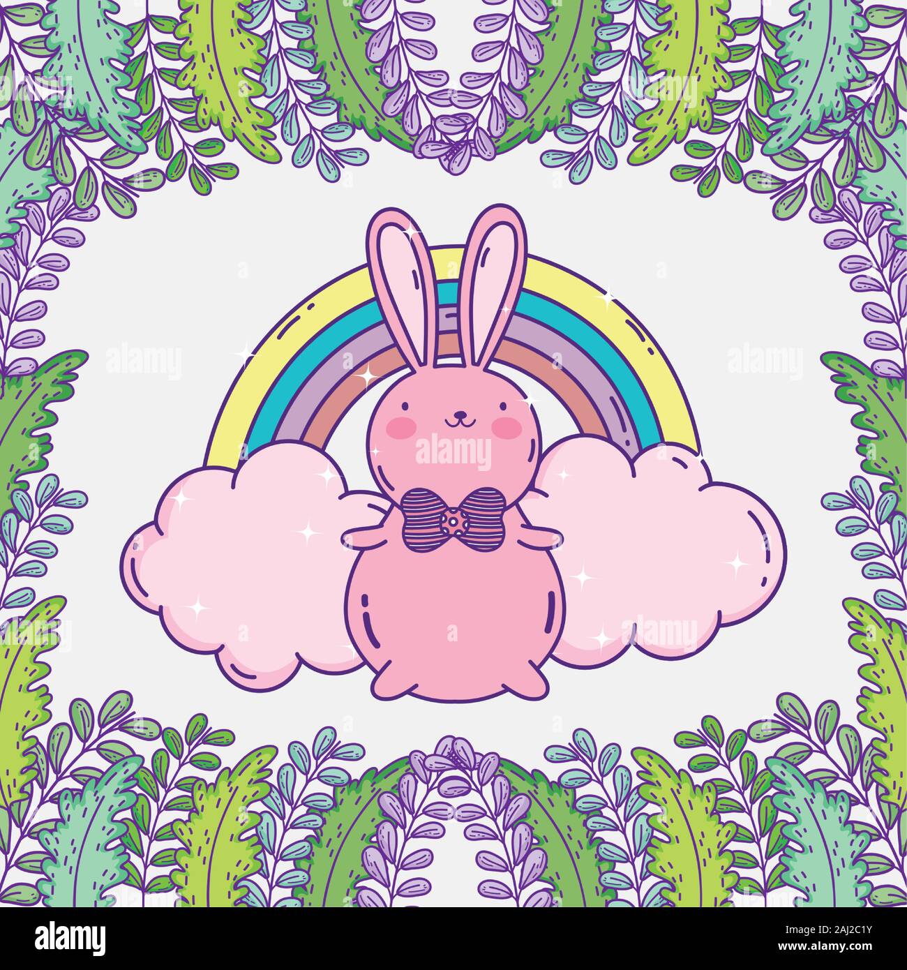 cute rabbit with bow tie and rainbow clouds foliage leaves vector ...