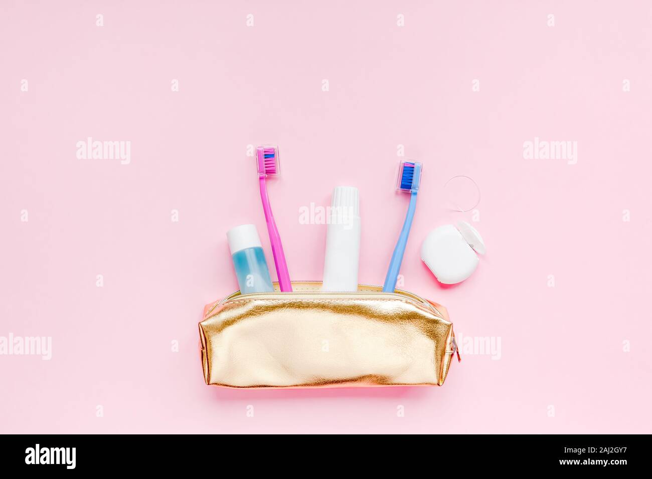 Teeth hygiene and oral dental care products in golden travel cosmetic ...