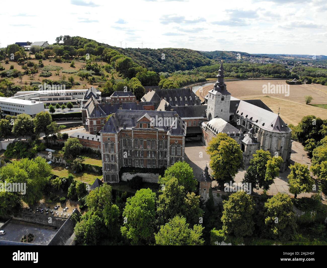 Aerial view of Floreffe Abbey during summer day, Belgium. Old abbey ...