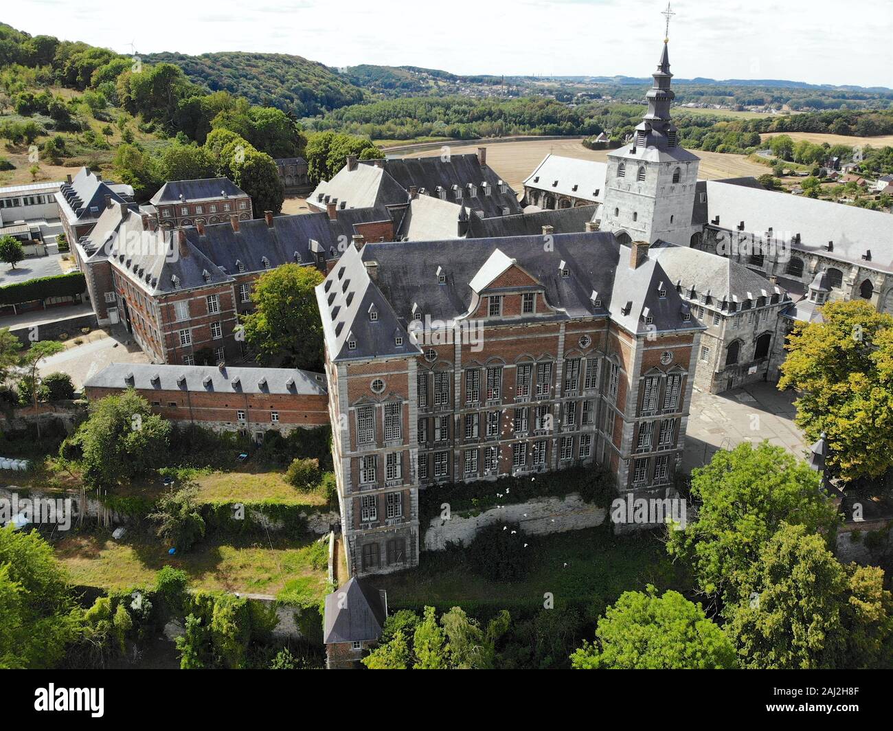 Aerial view of Floreffe Abbey during summer day, Belgium. Old abbey ...