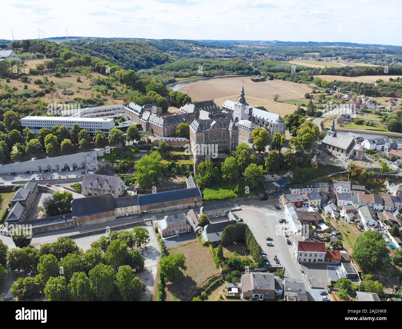 Aerial view of Floreffe Abbey during summer day, Belgium. Old abbey ...