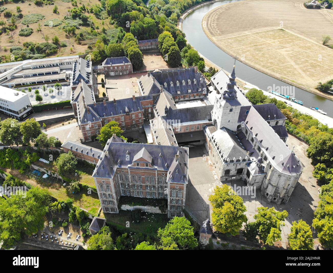Aerial view of Floreffe Abbey during summer day, Belgium. Old abbey ...