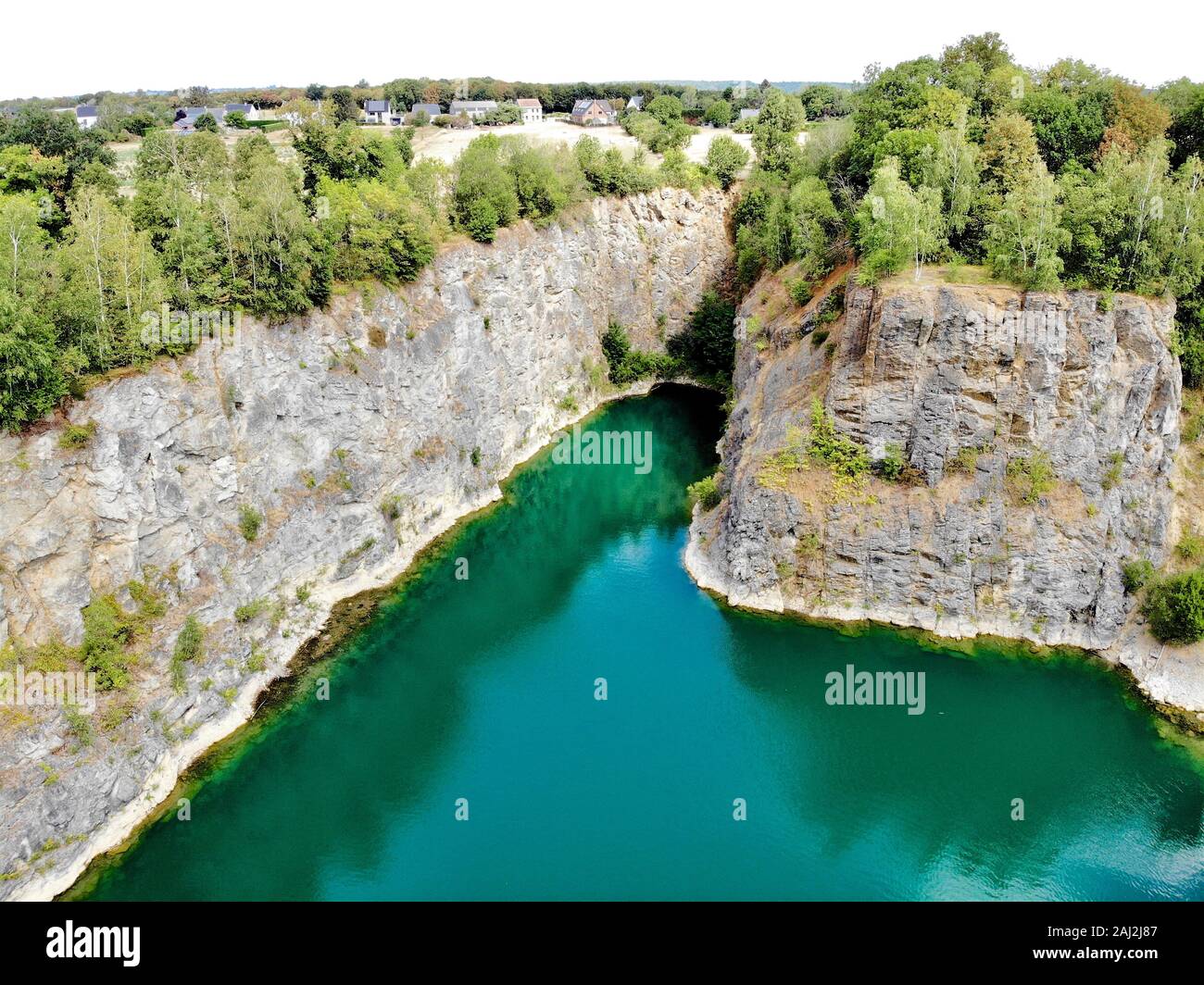 Aerial view of flooded quarry and dive site. Famous location for fresh ...