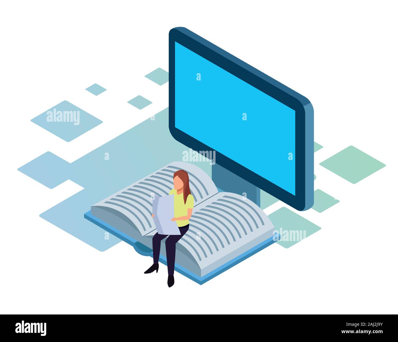 computer, and woman reading a newspaper sitting on a book, colorful ...