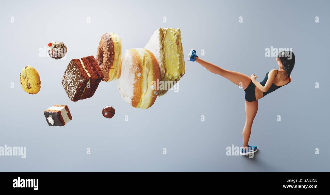 Fit young woman fighting off fast food, 3d rendering Stock Photo - Alamy