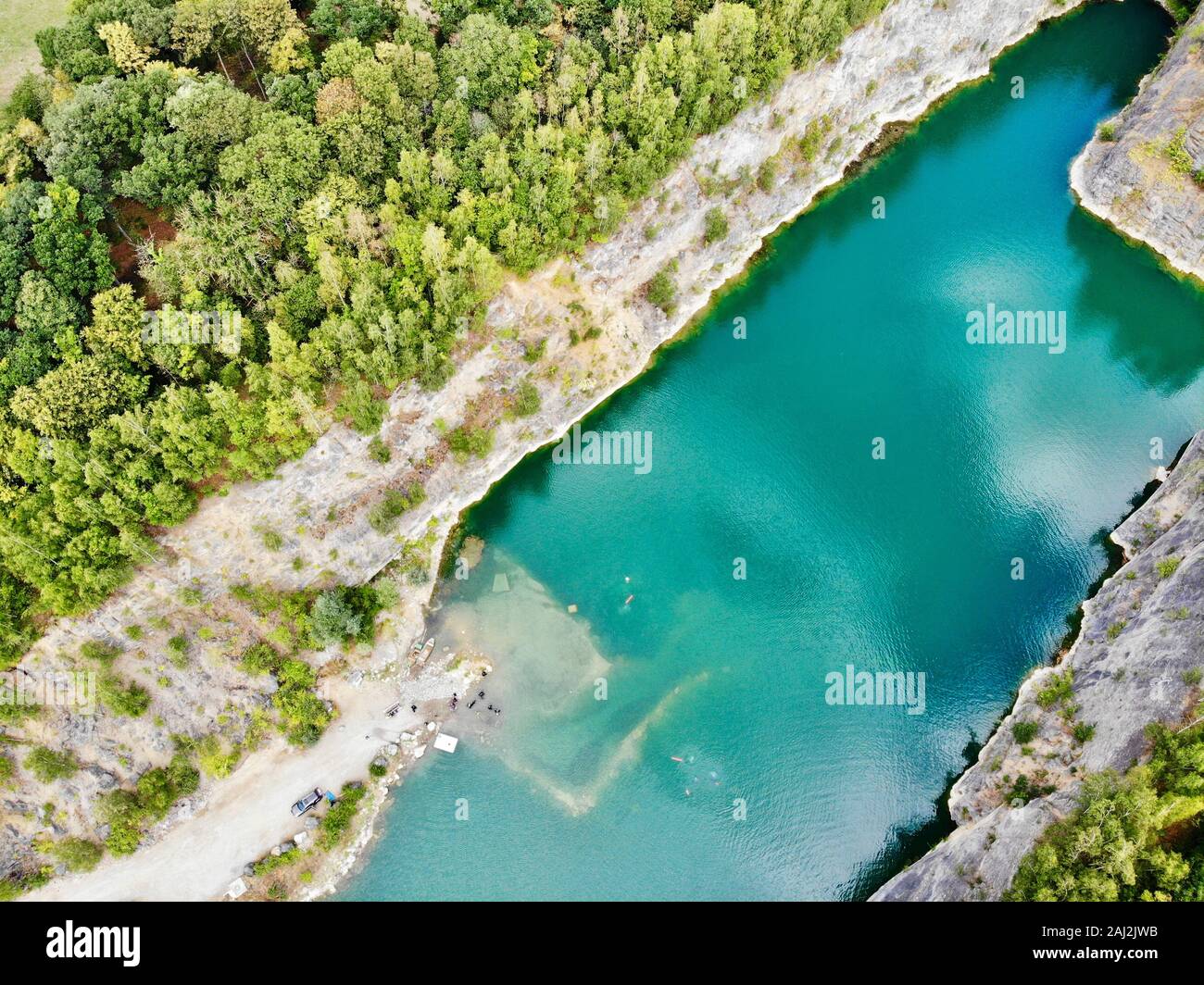 Aerial view of flooded quarry and dive site. Famous location for fresh ...