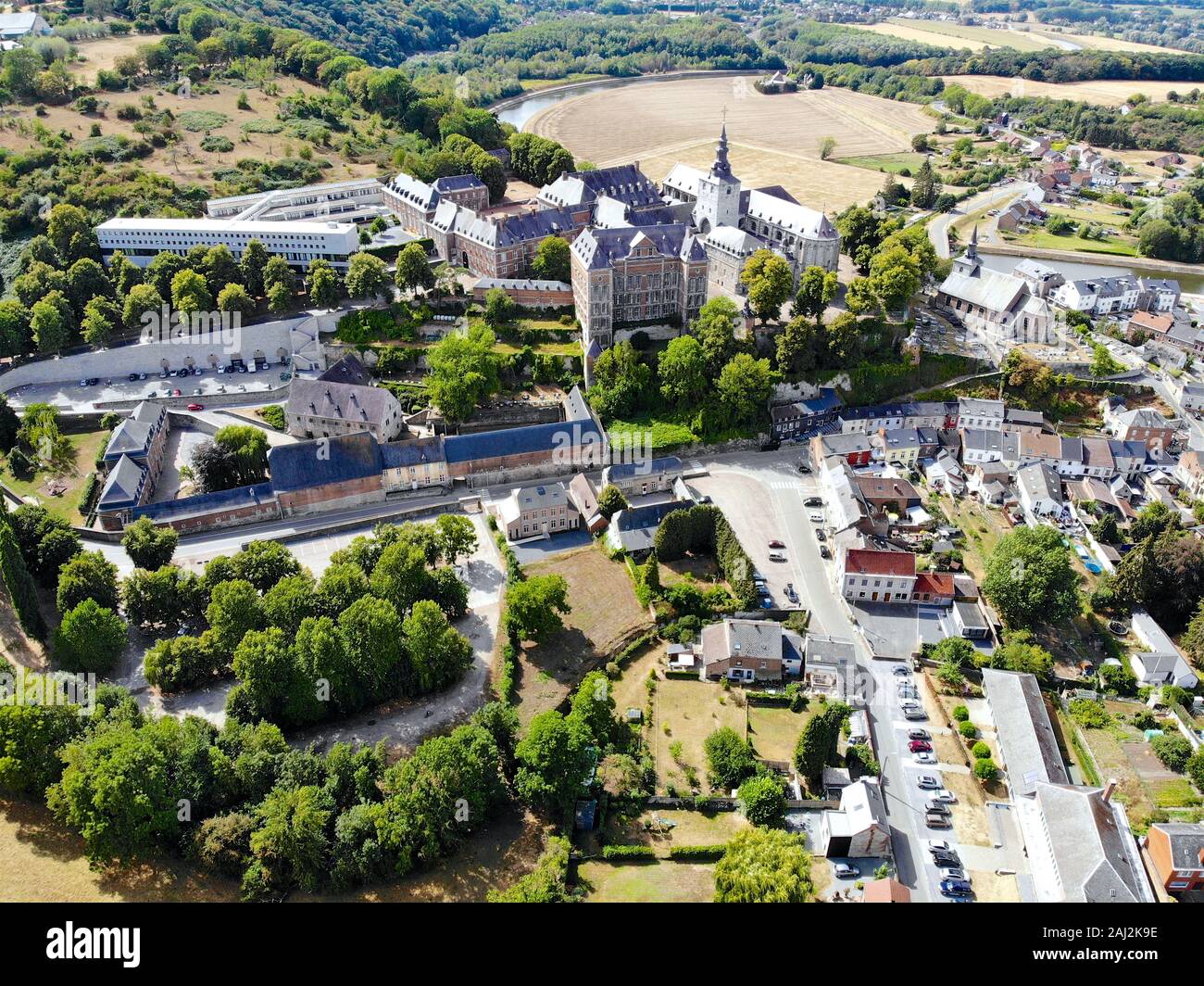 Aerial view of Floreffe Abbey during summer day, Belgium. Old abbey ...