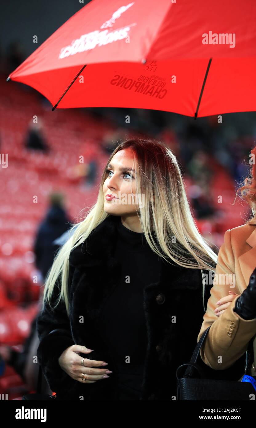 Perrie Edwards pitchside before the Premier League match at Anfield ...