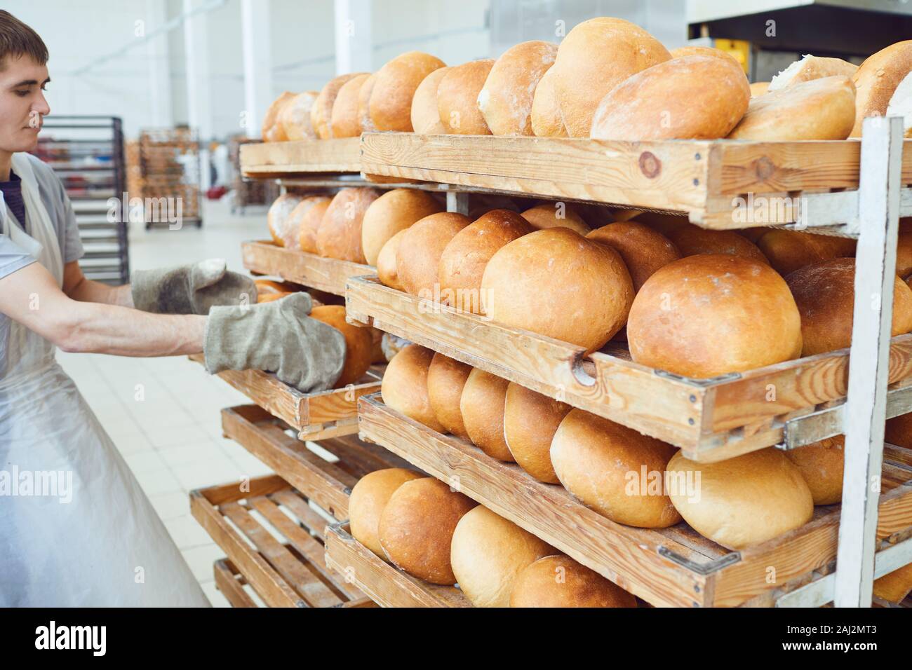 Baker hands lay fresh bread at the bakery Stock Photo - Alamy