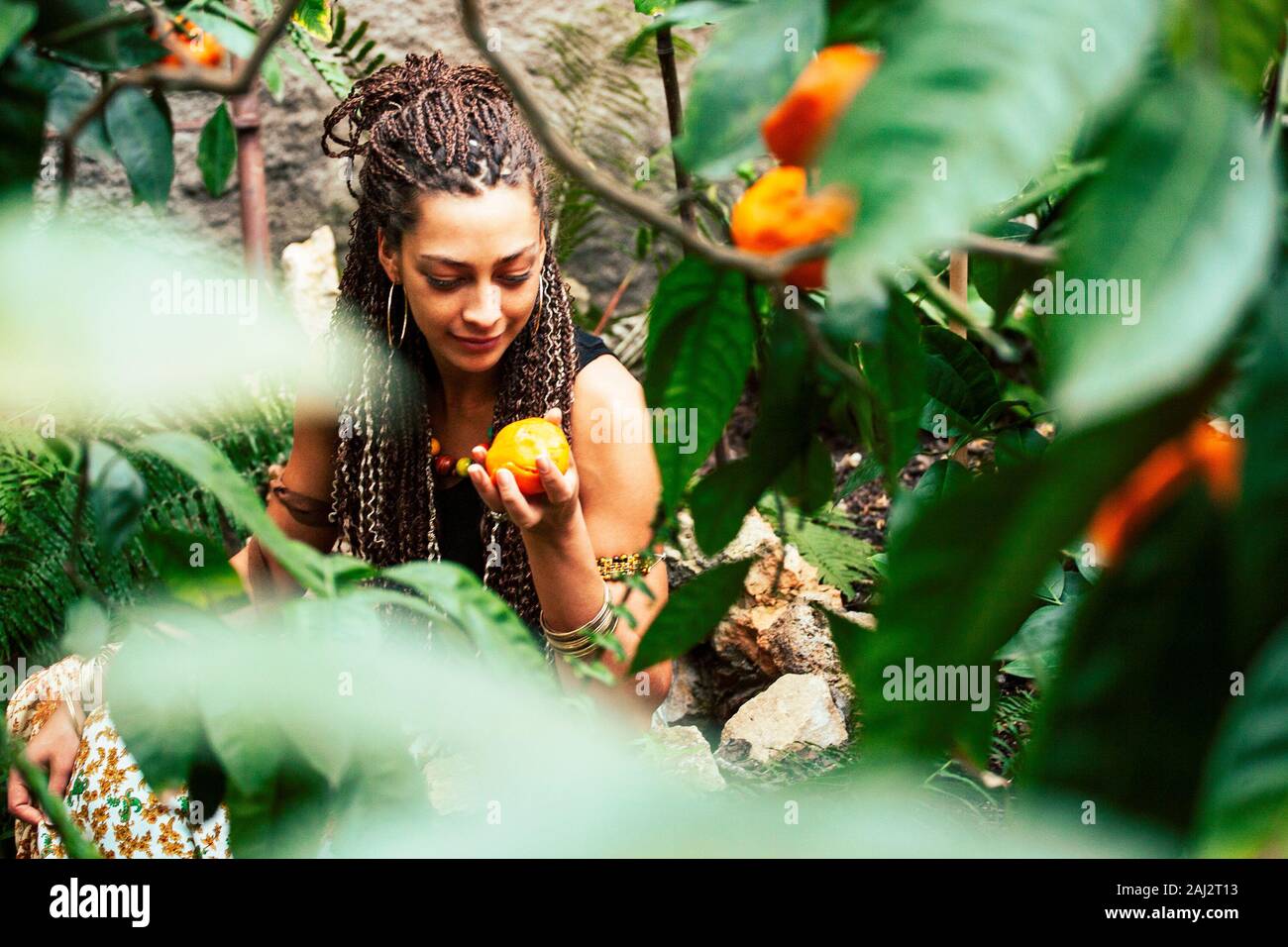 pretty islam woman in orange grove smiling, real muslim girl cheerful ...