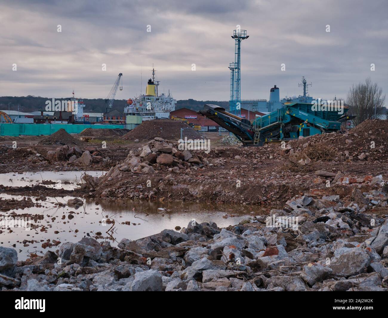 Concrete rubble at the cleared site of the Wirral Waters development in ...