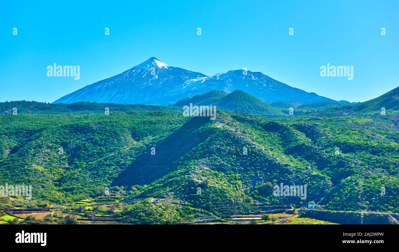 Panoramic view of Tenerife with Mount Teide with snow on its peak ...