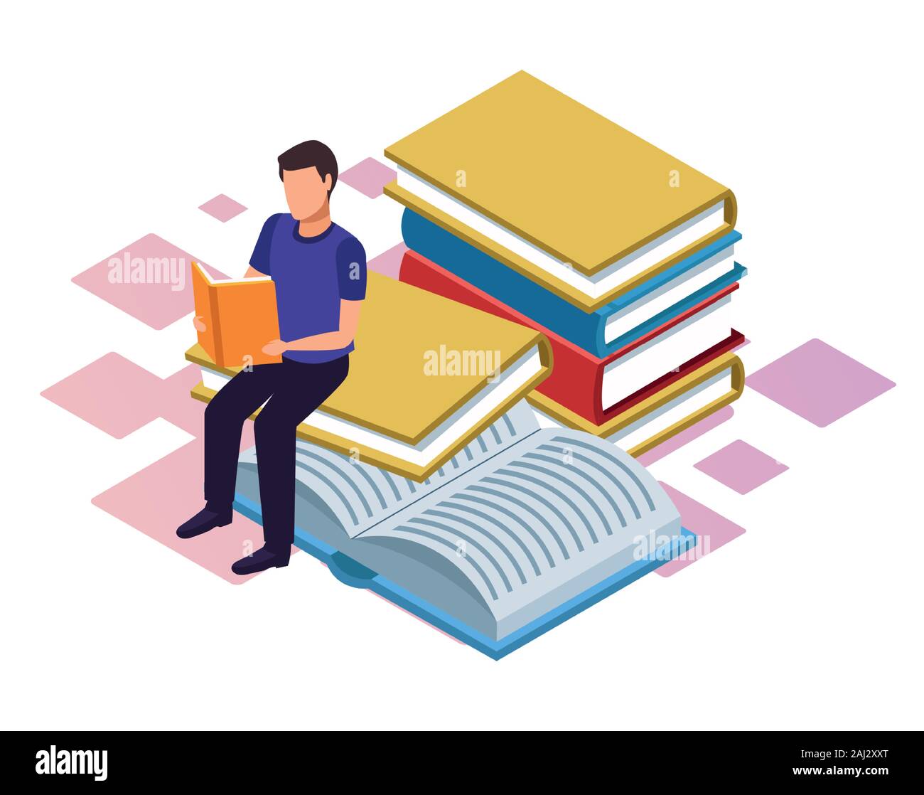 man reading a book with big books around, colorful design Stock Vector ...