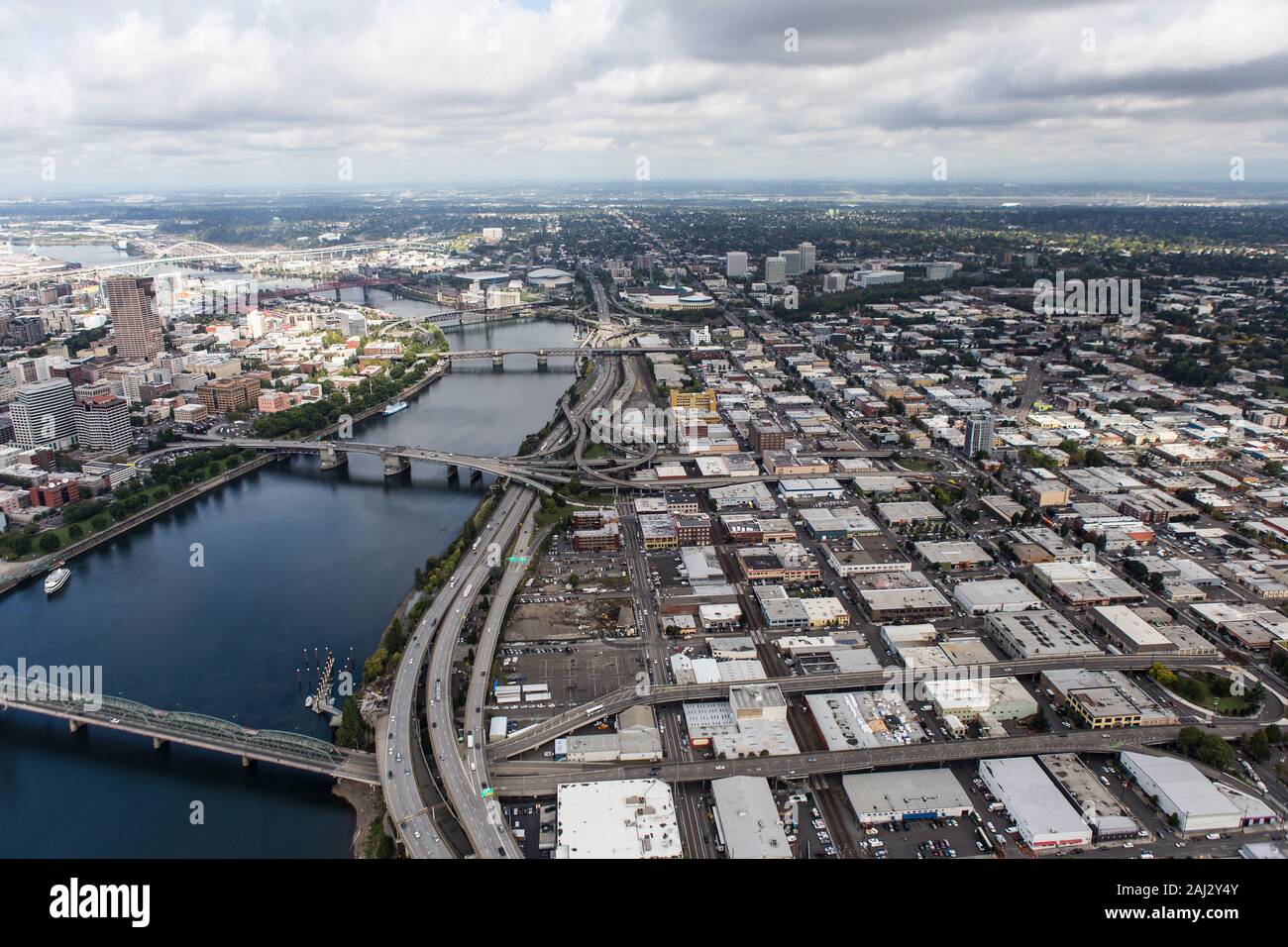 Aerial view of industrial streets, buildings and the Williamette River ...